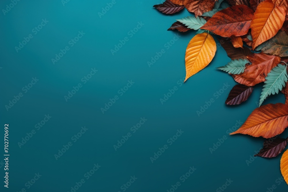 autumn leaves on a blue background with a place for a text or an image ...