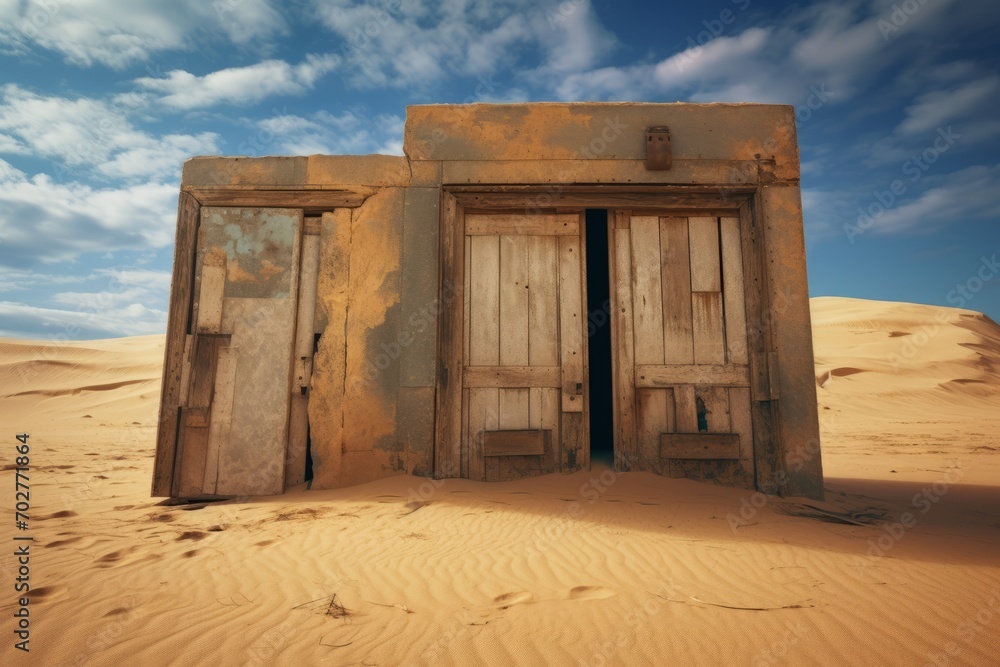 A bunker in a desert landscape with ancient wooden doors weathered by ...