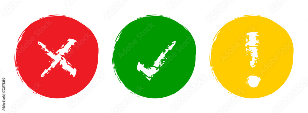 Right, Wrong, Exclamation mark in grunge effect. Vector set of flat round check mark, X mark ...