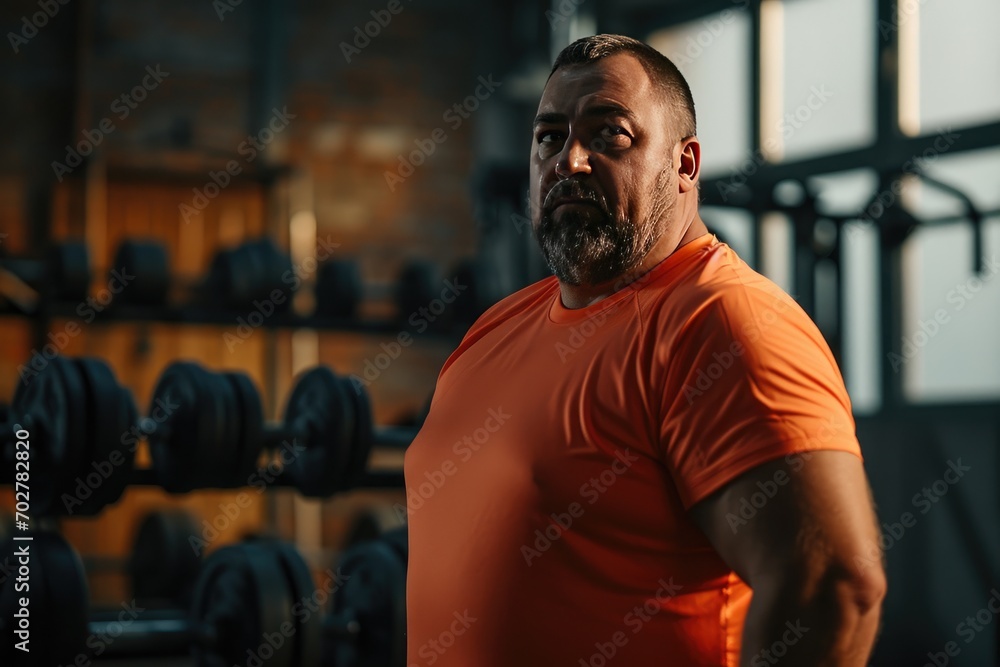 A very fat young man with a sad face stands in a weight room next to ...