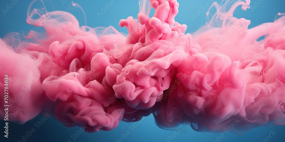 Puffs of pink smoke in front of a blue background stock photo, in the ...
