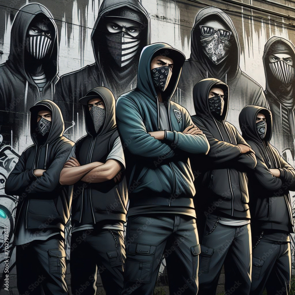 Foto de Gang members with guns, doing gang signs, wearing ski masks ...