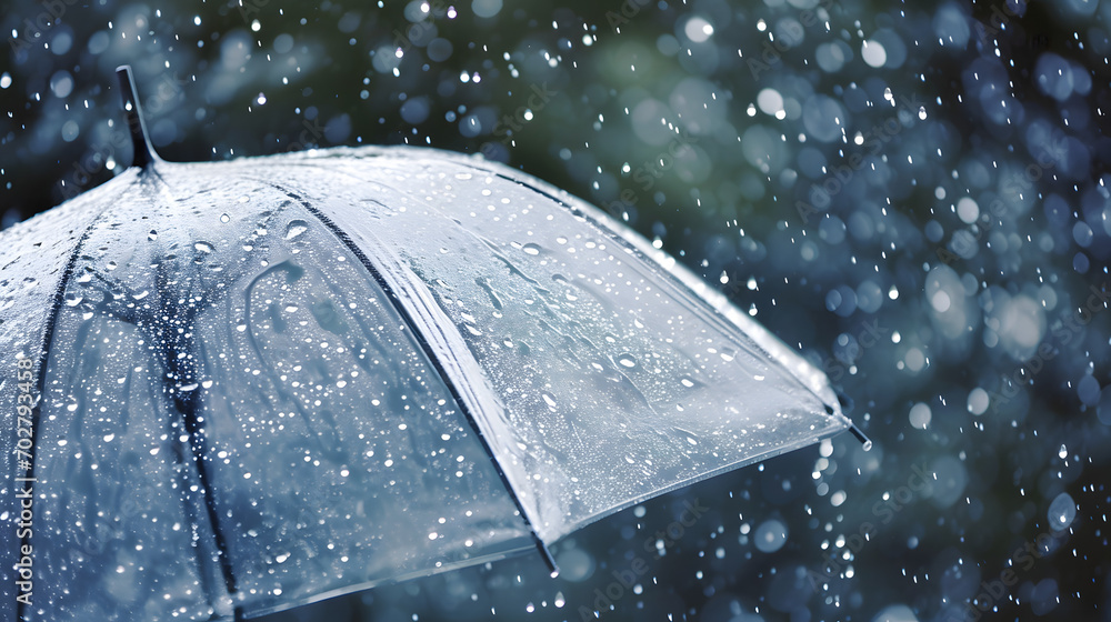 Transparent umbrella under heavy rain against water drops splash ...