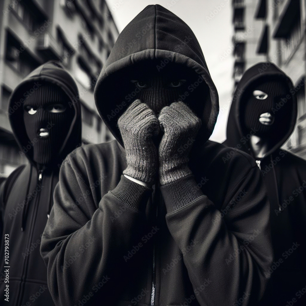 Gang members with guns, doing gang signs, wearing ski masks, balaclavas ...