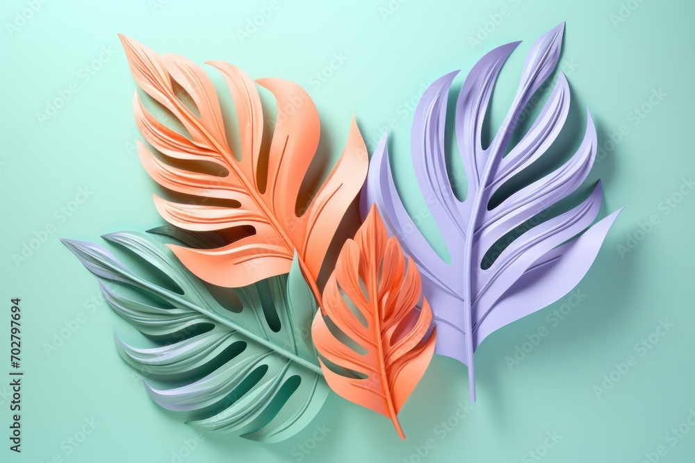 three different colored paper leaves on a blue and green background ...