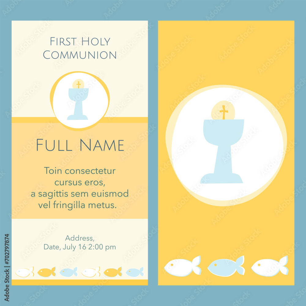 Card template first communion with yellow and blue chalice and host ...