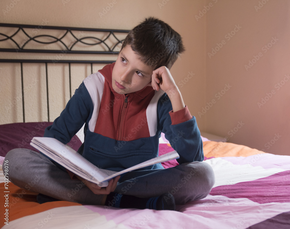 Bored schoolboy do task tired exhausted upset fatigued unmotivated ...