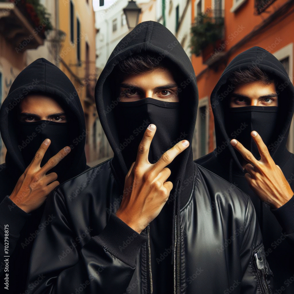 Gang members with guns, doing gang signs, wearing ski masks, balaclavas ...
