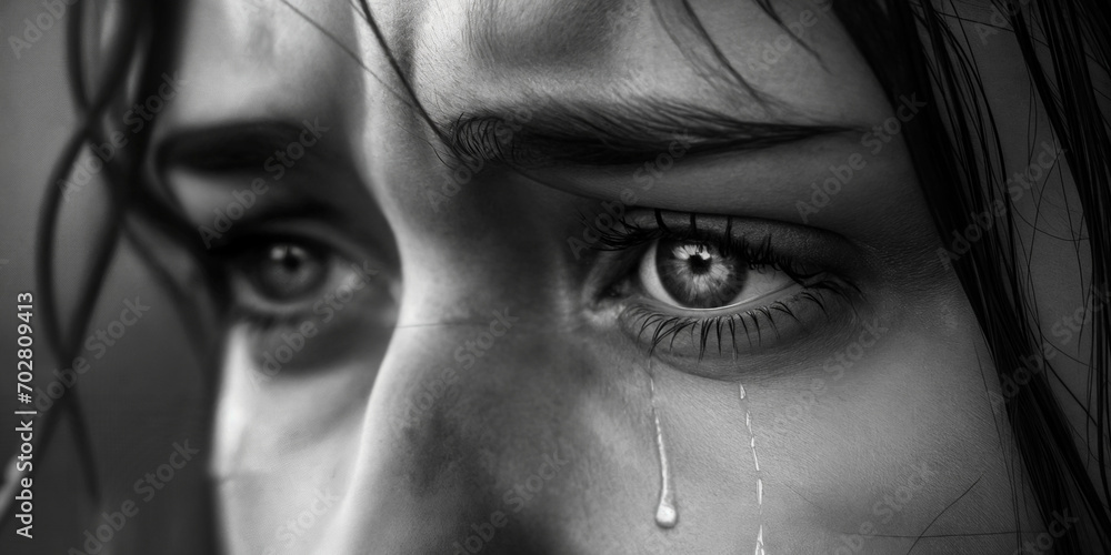 An extreme close up of a woman crying. Tears on a woman's face. Sad ...