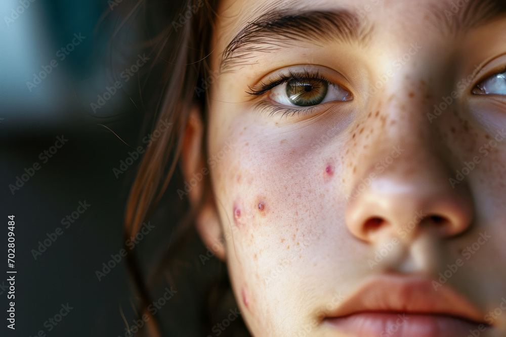Teenage girl with her face covered in acne. Teen with inflamed ...