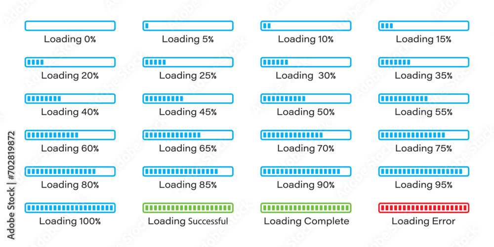 Percentage loading bar infographics icon set 0-100% in blue colour. Set ...