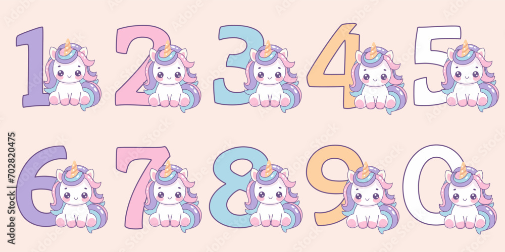 Colorful numbers with cute unicorns. Set of vector symbols. Beautiful ...