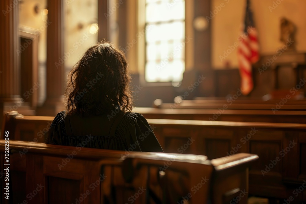 Rear view of a female judge sitting in a chair in the courtroom ...