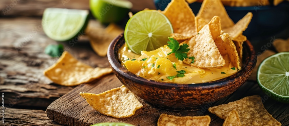 Homemade Yellow Queso Cheese Dip with Tortilla Chips and Lime. with ...