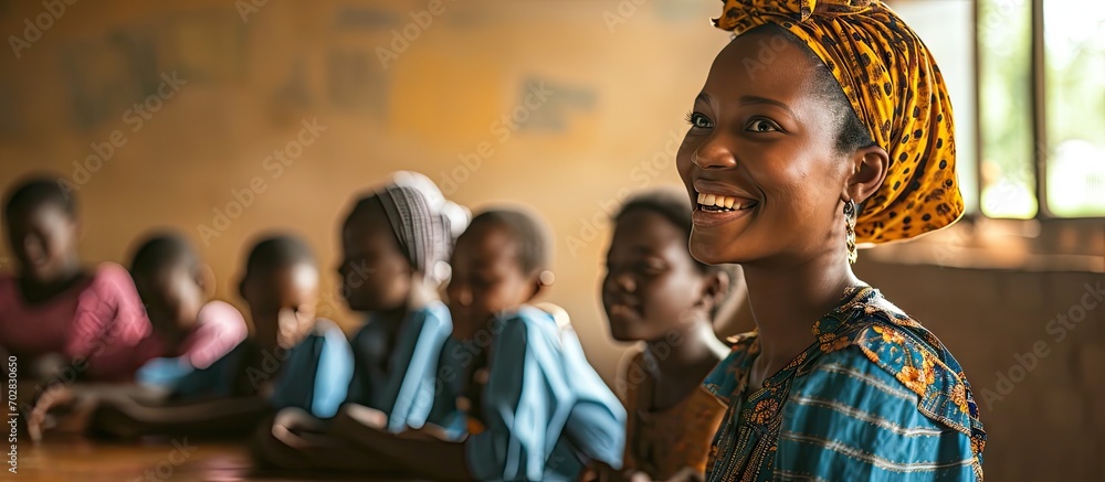 Happy African teacher communicating with her students during a class in ...