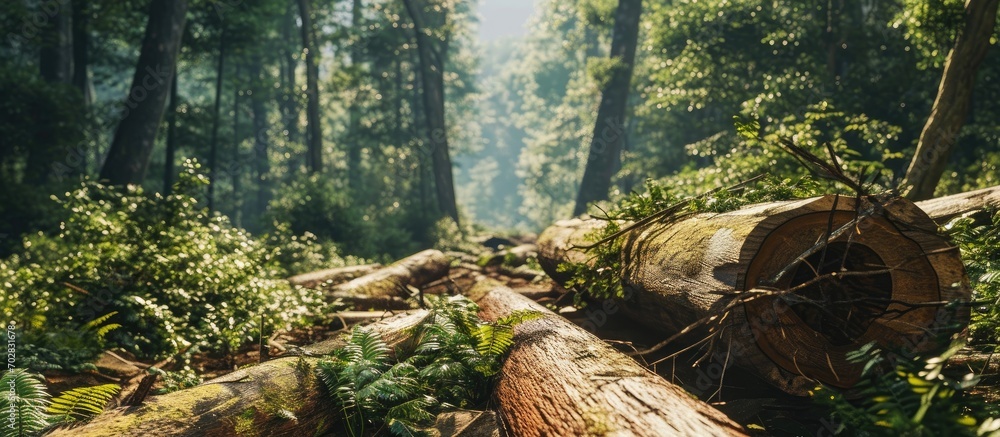 Illegal cutting of forests Large logs lie in a clearing in the forest ...