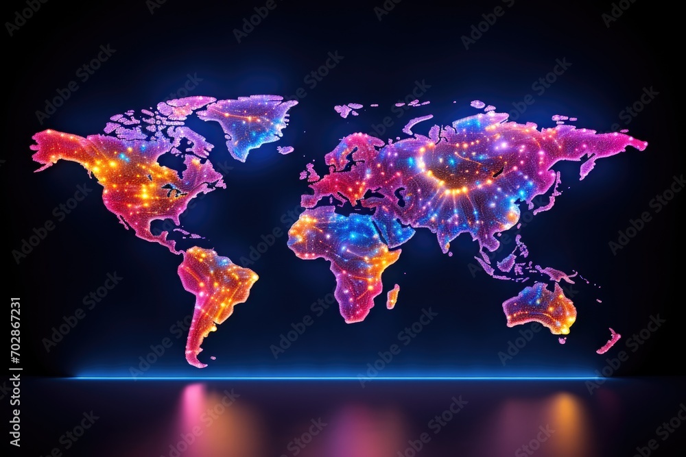 Glowing colorful world map on dark background. 3D Rendering, Colorful ...
