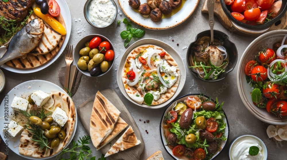 Greek food background. Meze, gyros, souvlaki, fish, pita, greek salad ...