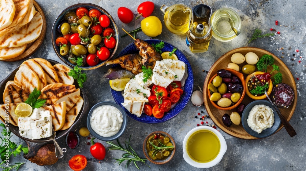 Greek food background. Meze, gyros, souvlaki, fish, pita, greek salad ...