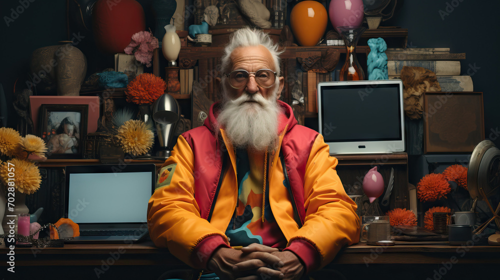 Old Man Embracing Modern-Day Technology and Gadgets. Intersection of ...