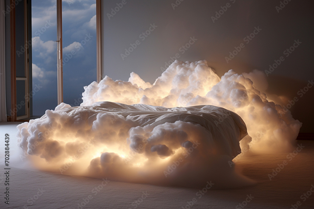 A bed made of clouds as a symbol of good sleep, sweet dreams, mental ...