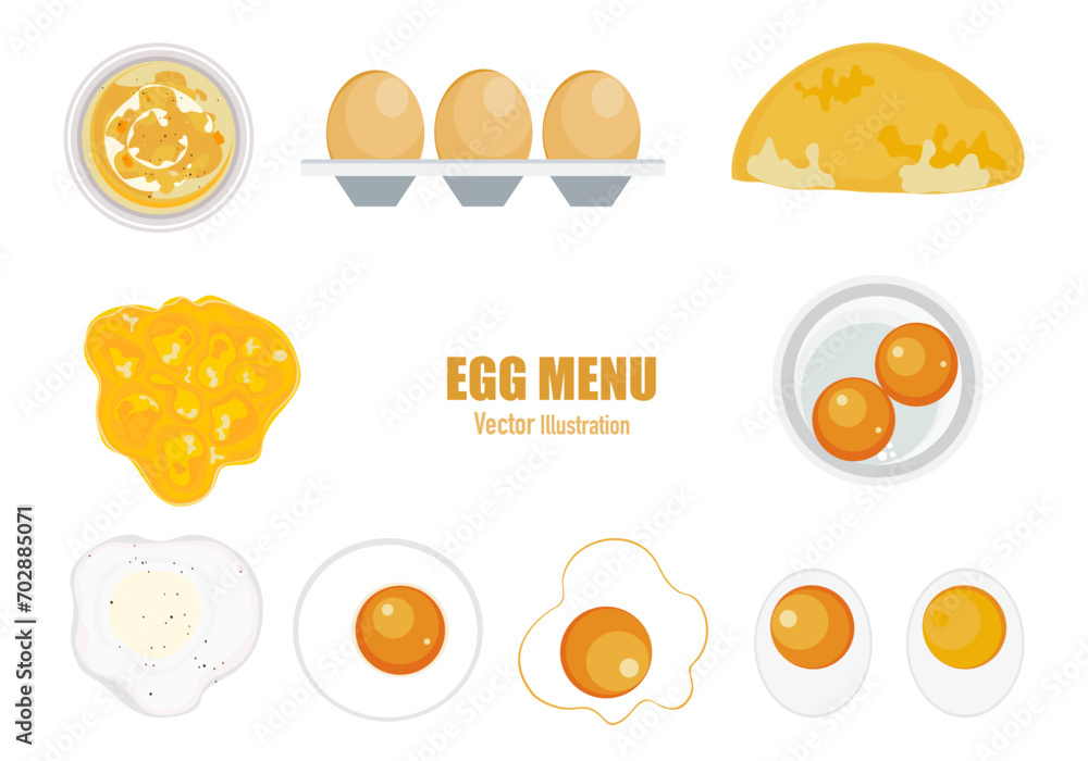 Cartoon egg dish vector illustration. Hard-cooked eggs. Fried, boiled ...