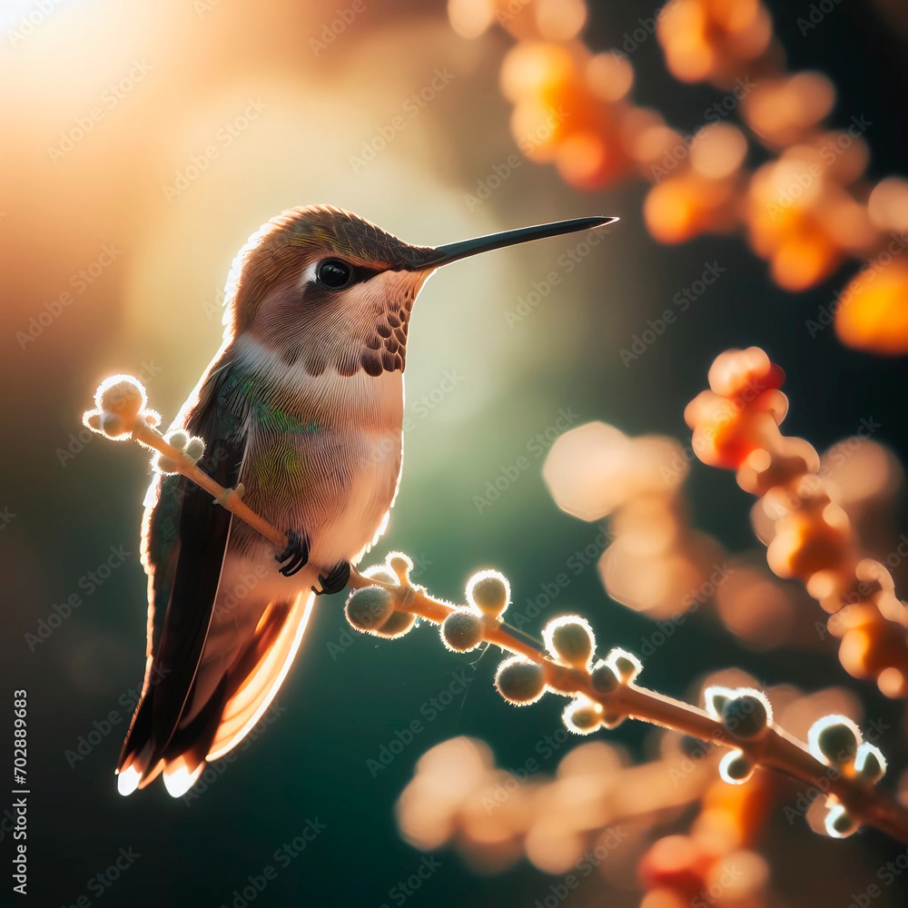 Colibrí posado en una rama rodeado de flores - Generative AI Stock ...