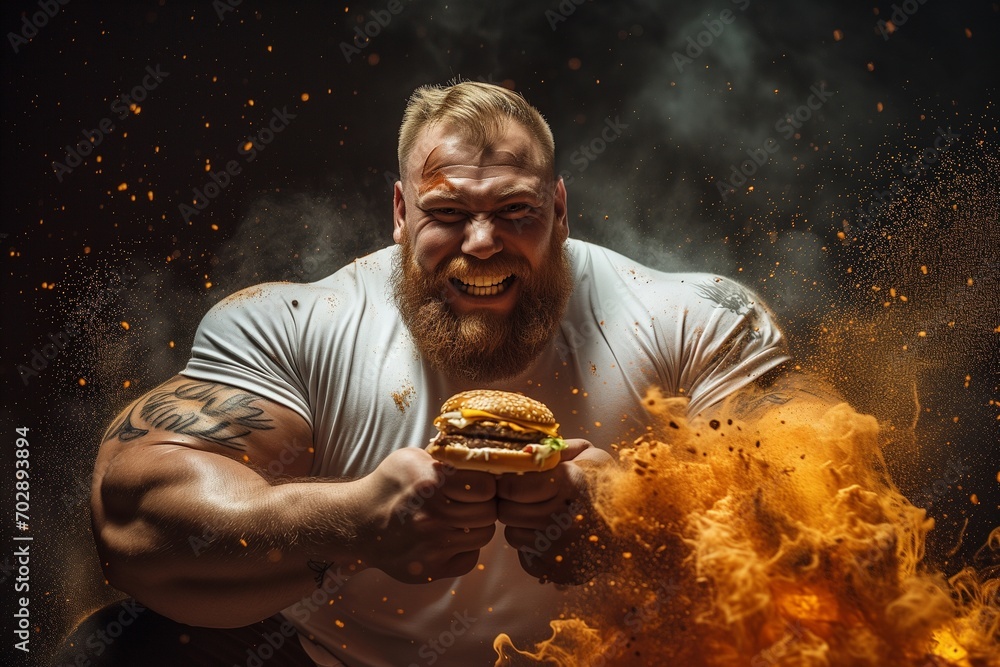 A chubby bodybuilder with massive arms, smiling with a burger and ...