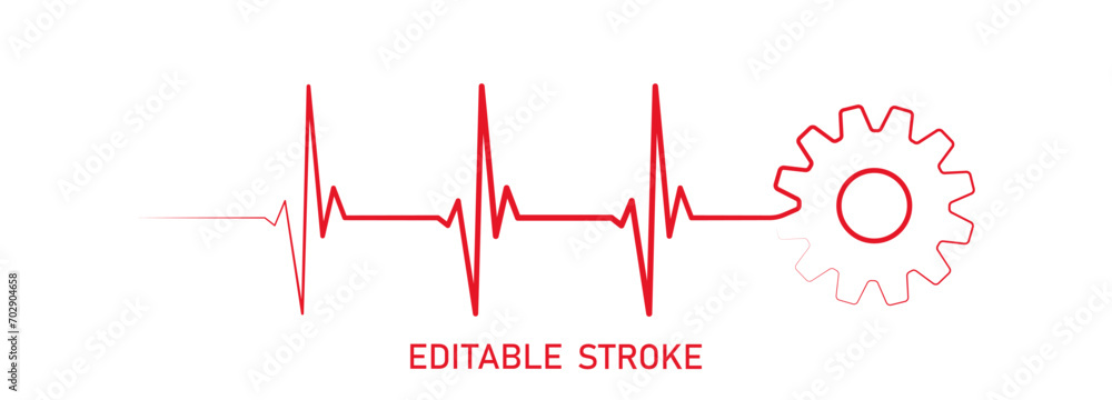 Editable lines heart rhythm illustration with gear cogwheel, heartbeat ...