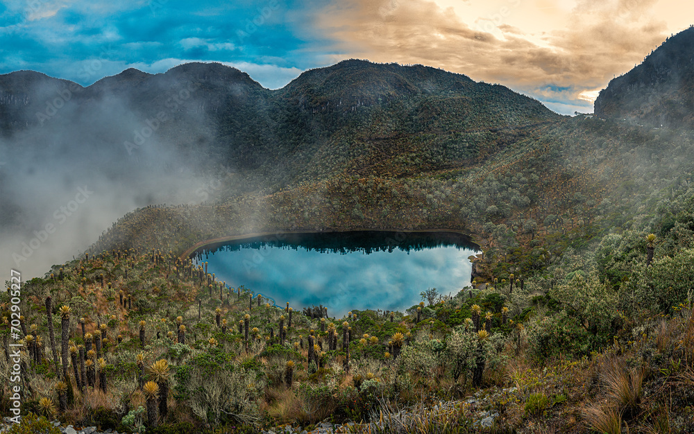 Lake or lagoon in the colombian paramo andean ecosystem. Landscape with ...