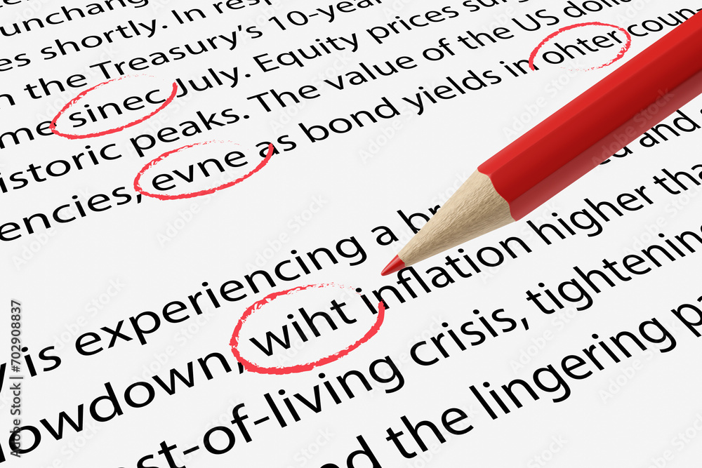 Printout full of typo mistakes circled by a red pencil. Illustration of ...