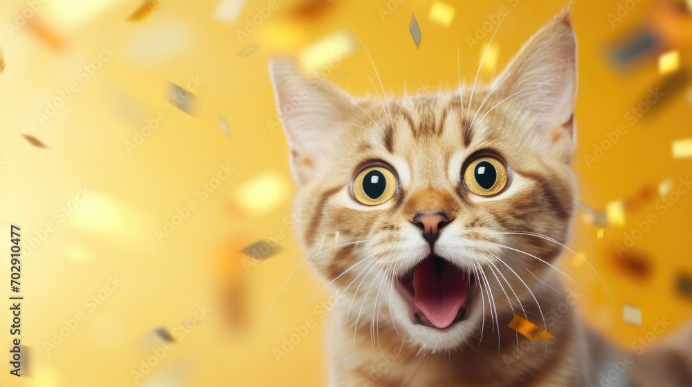 Surprised can with open mouth screaming with the confetti on the yellow ...