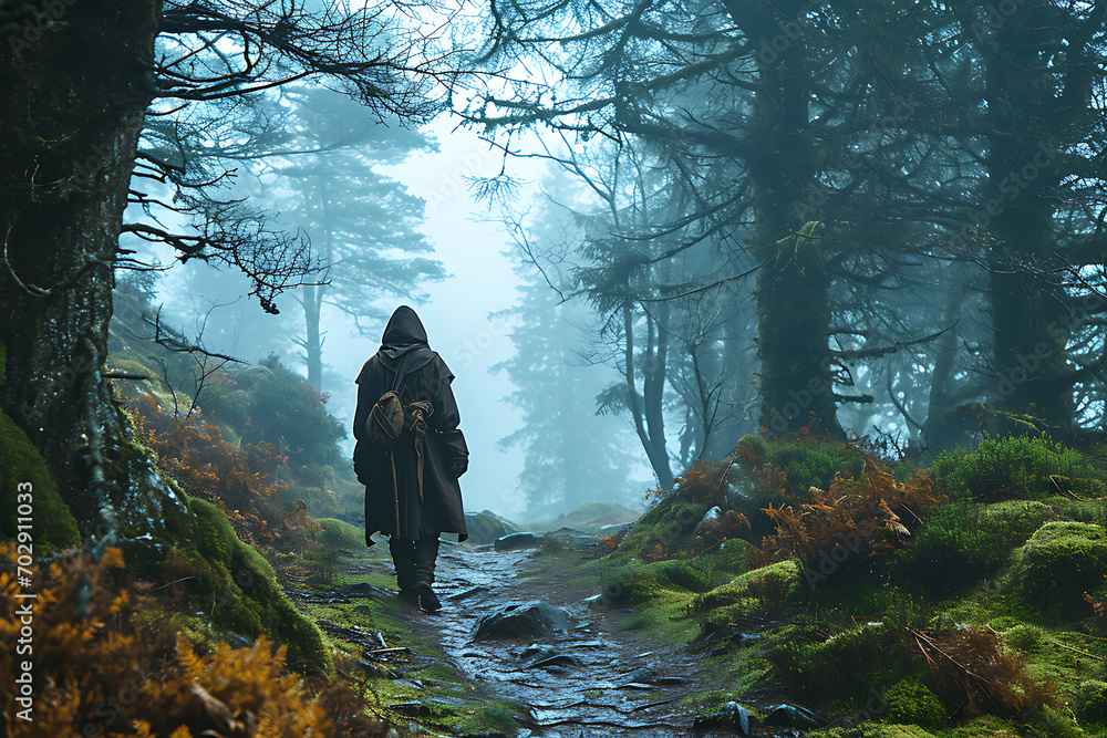 A mysterious druid in a misty Celtic forest, ancient runes, mystical ...