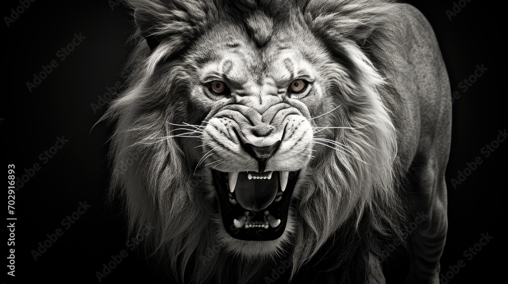 Close-up of the head of an aggressive lion ready to attack. Wild animal ...