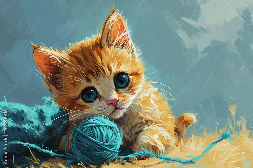 A heart-melting illustration of a round-faced chubby kitten playing ...