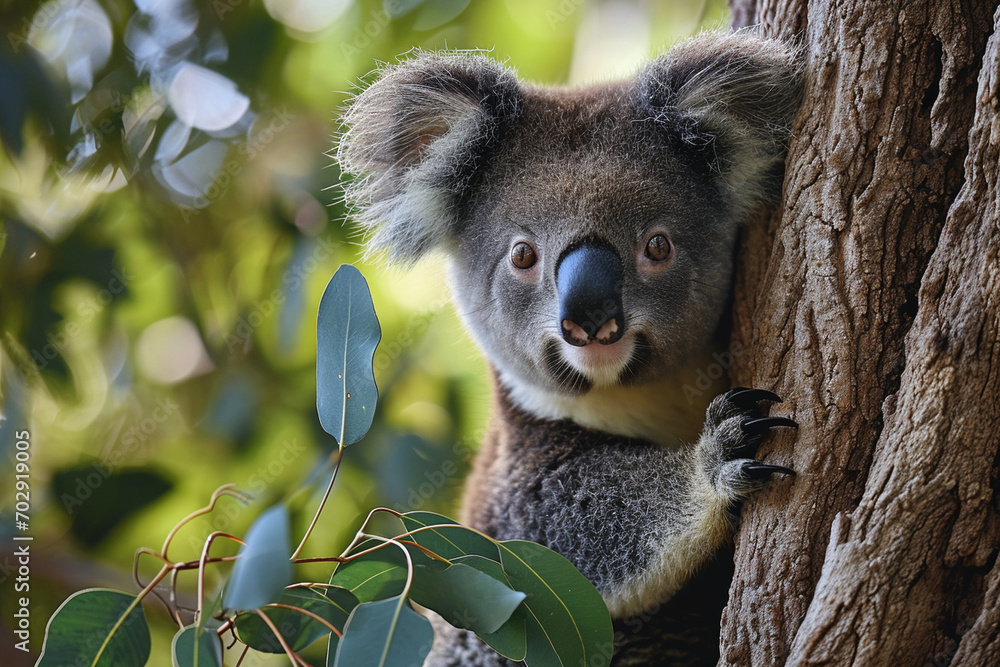 An enchanting image of a round-faced chubby koala clinging to a ...