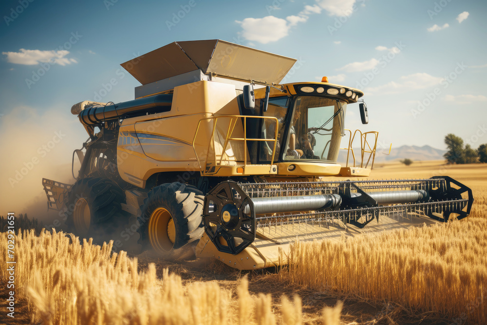 Photo of approaching modern yellow combine during harvest of the wheat ...