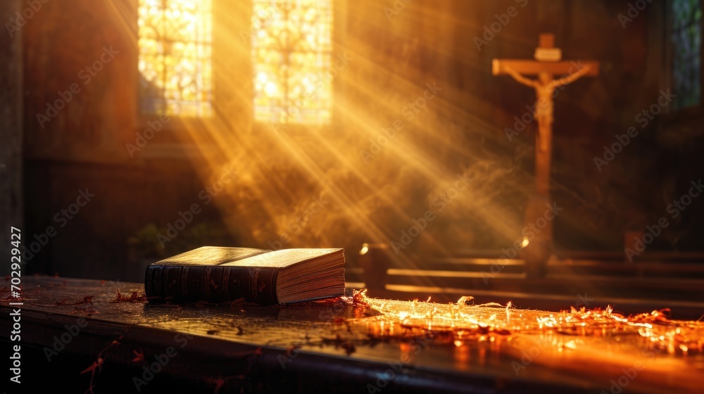 Church bright light background with holy bible and the cross of ...