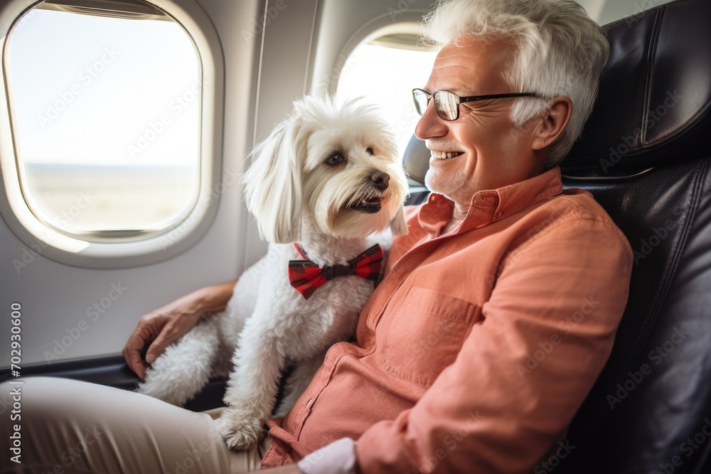 A smiling elderly man hugs a white lapdog, a dog sitting near the ...