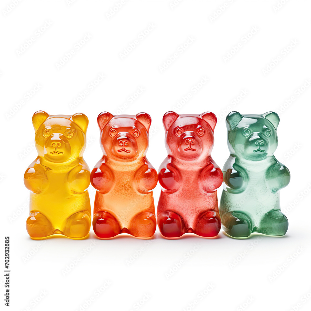 Four jelly babies sitting in a row on a white surface - a gummy bear ...