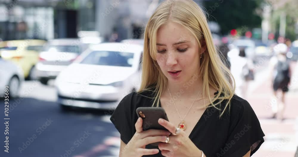 Sad news, phone and woman in city for social media, negative text ...