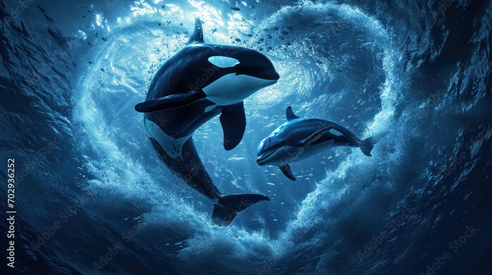 a couple of orca's swimming in the ocean in front of a giant wave in ...