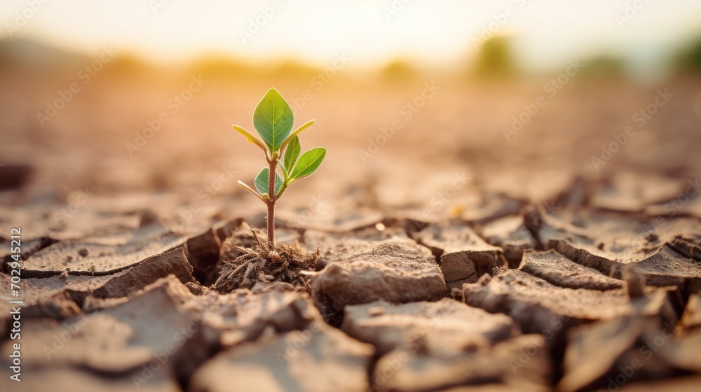 One seedling is dying in dry soil. Concepts of drought, cracked soil ...
