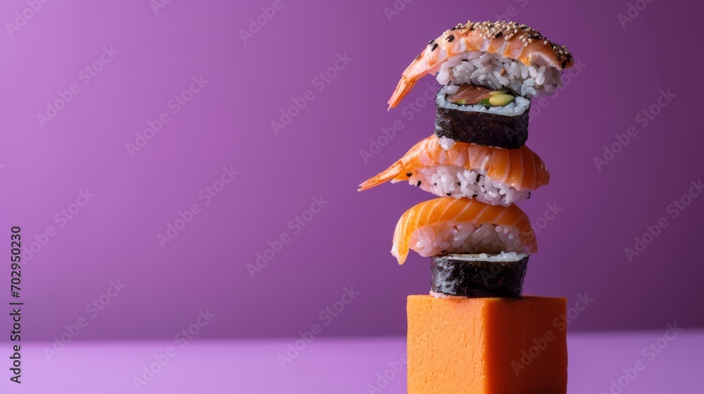 Beautiful harmonious composition of sushi on purple background ...