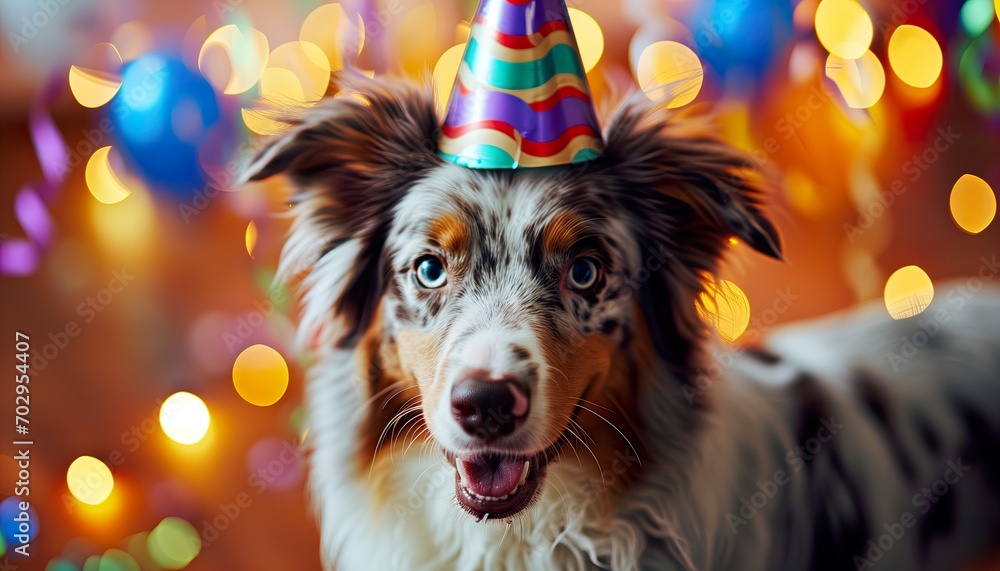 Funny red merle Aussie Dog celebrating party birthday or carnival ...
