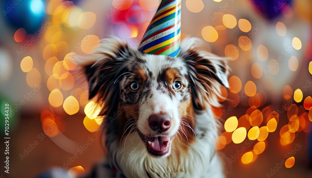 Funny red merle Aussie Dog celebrating party birthday or carnival ...