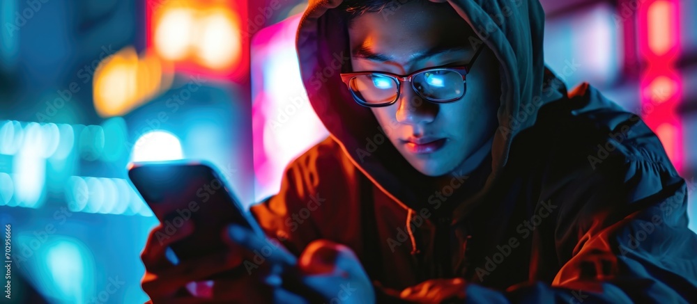 Asian male hacker stealing mobile game using cellphone in closeup ...