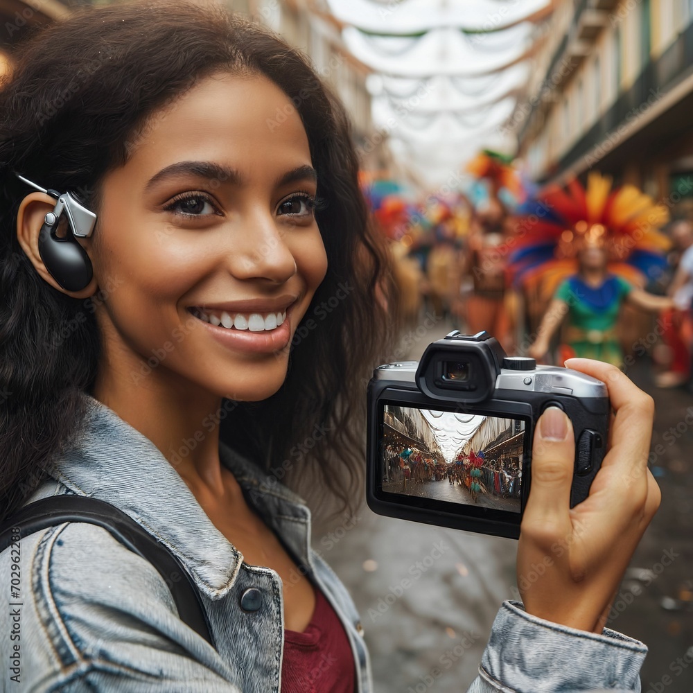 Hearing impaired tourist with hearing aid. Taking a picture of a ...