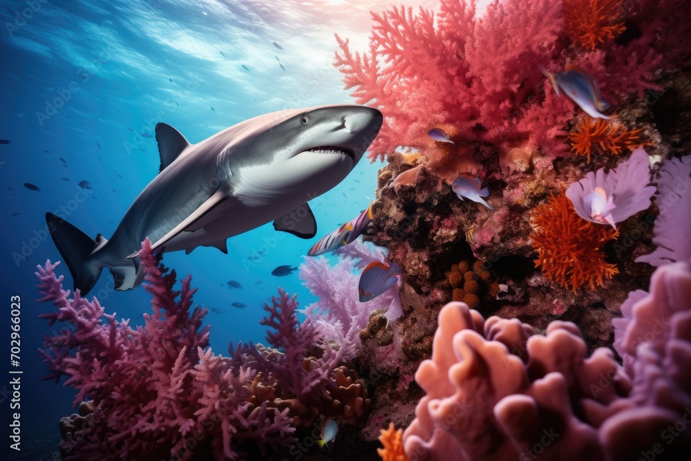 Underwater view of a reef shark swimming on a tropical coral reef ...