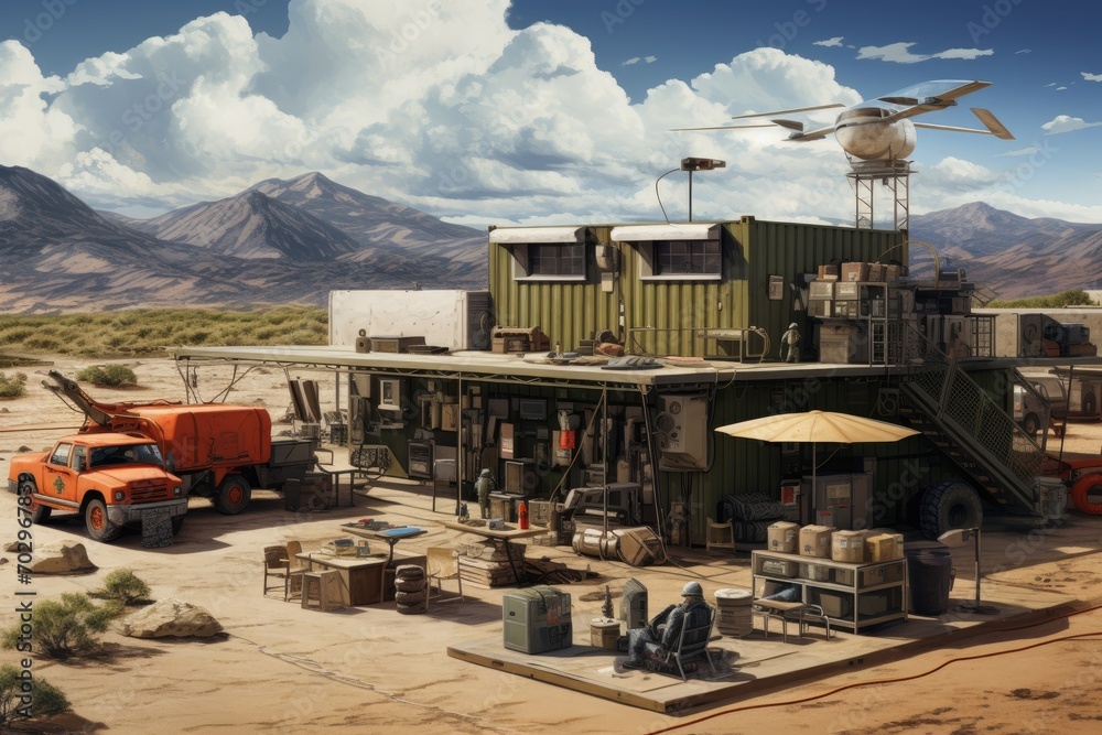 3D rendering of a military base in the desert with a helicopter, Mobile ...